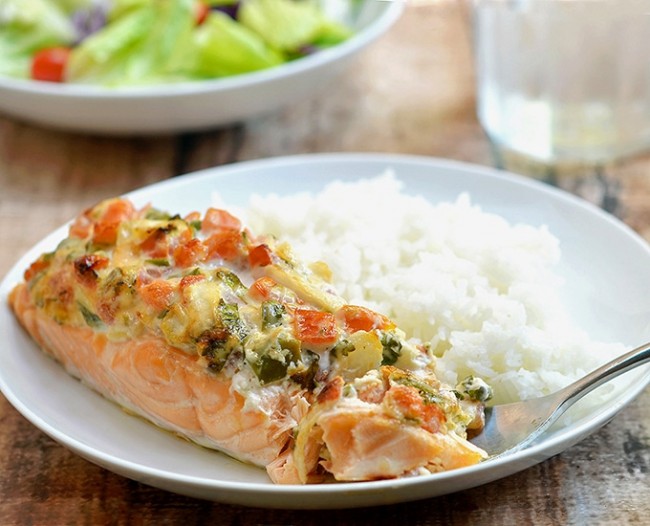 Salmon with Salsa Mayo Topping - Onion Rings & Things