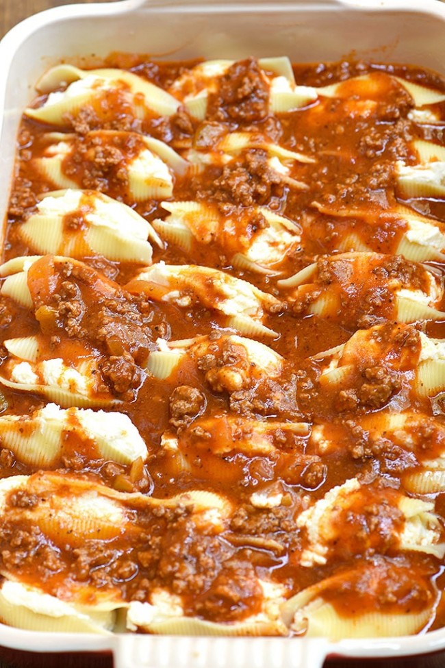 Cheese Stuffed Pasta Shells with Meat Sauce - Onion Rings & Things